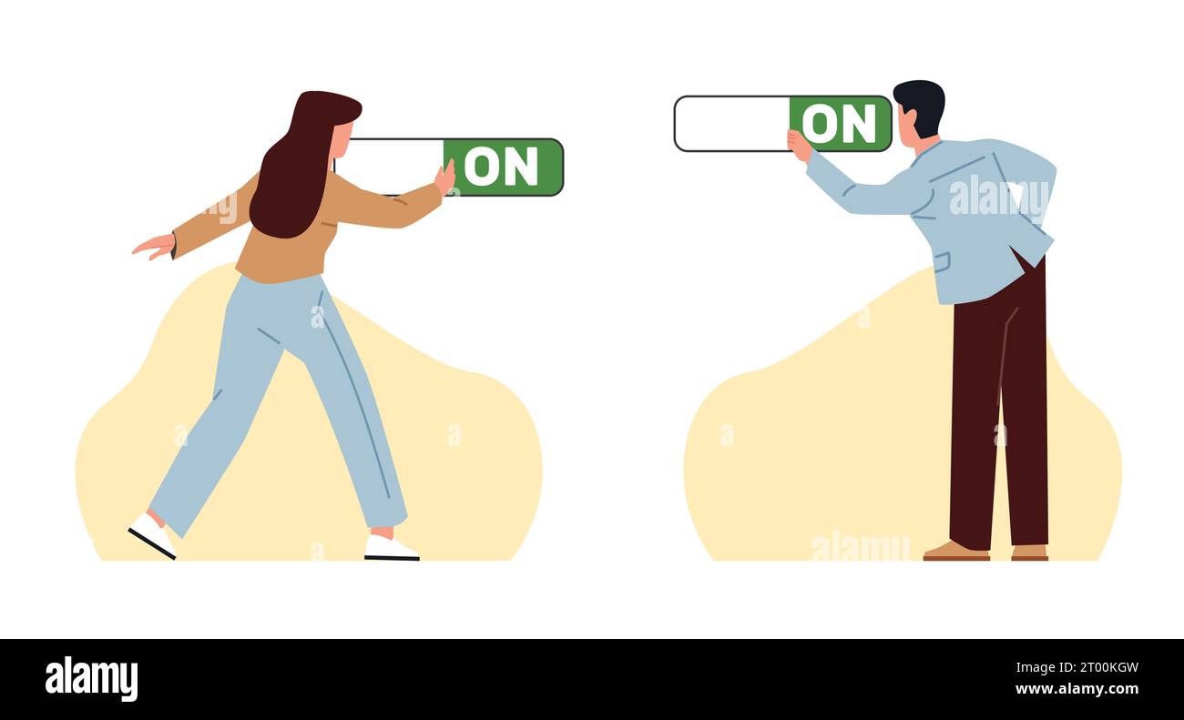 Turn switch on, start business, man and woman press on switch button ...