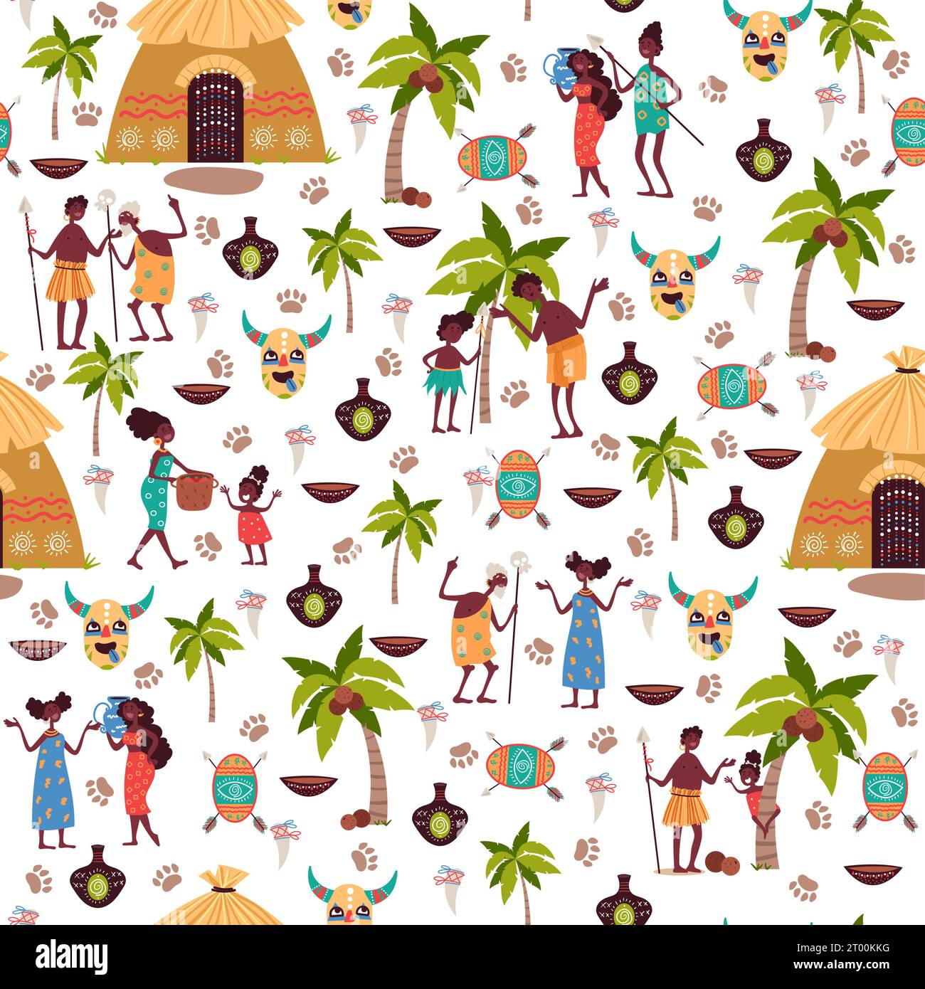 Seamless pattern with elements of African peoples lives. Aborigines and ...