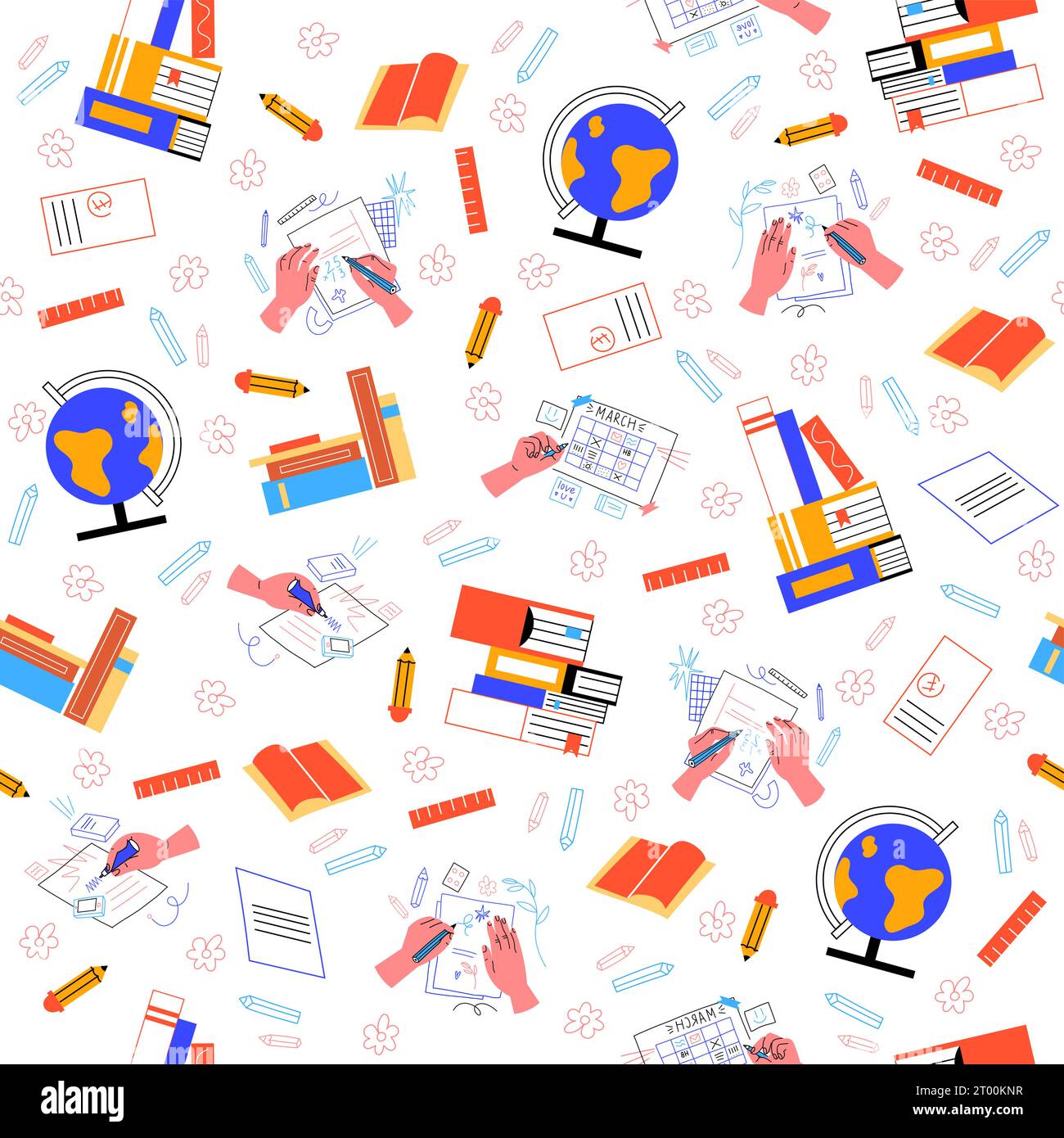 Seamless pattern with school items. Educational equipment, books, globe ...
