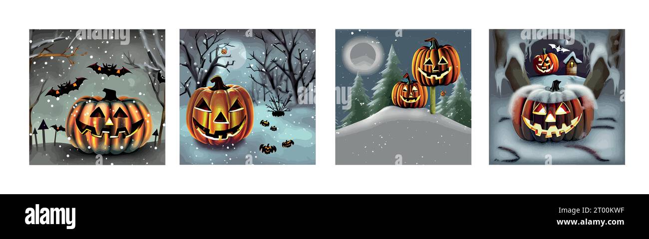 banner set Halloween drawing under the snow, with orange pumpkins in a ...