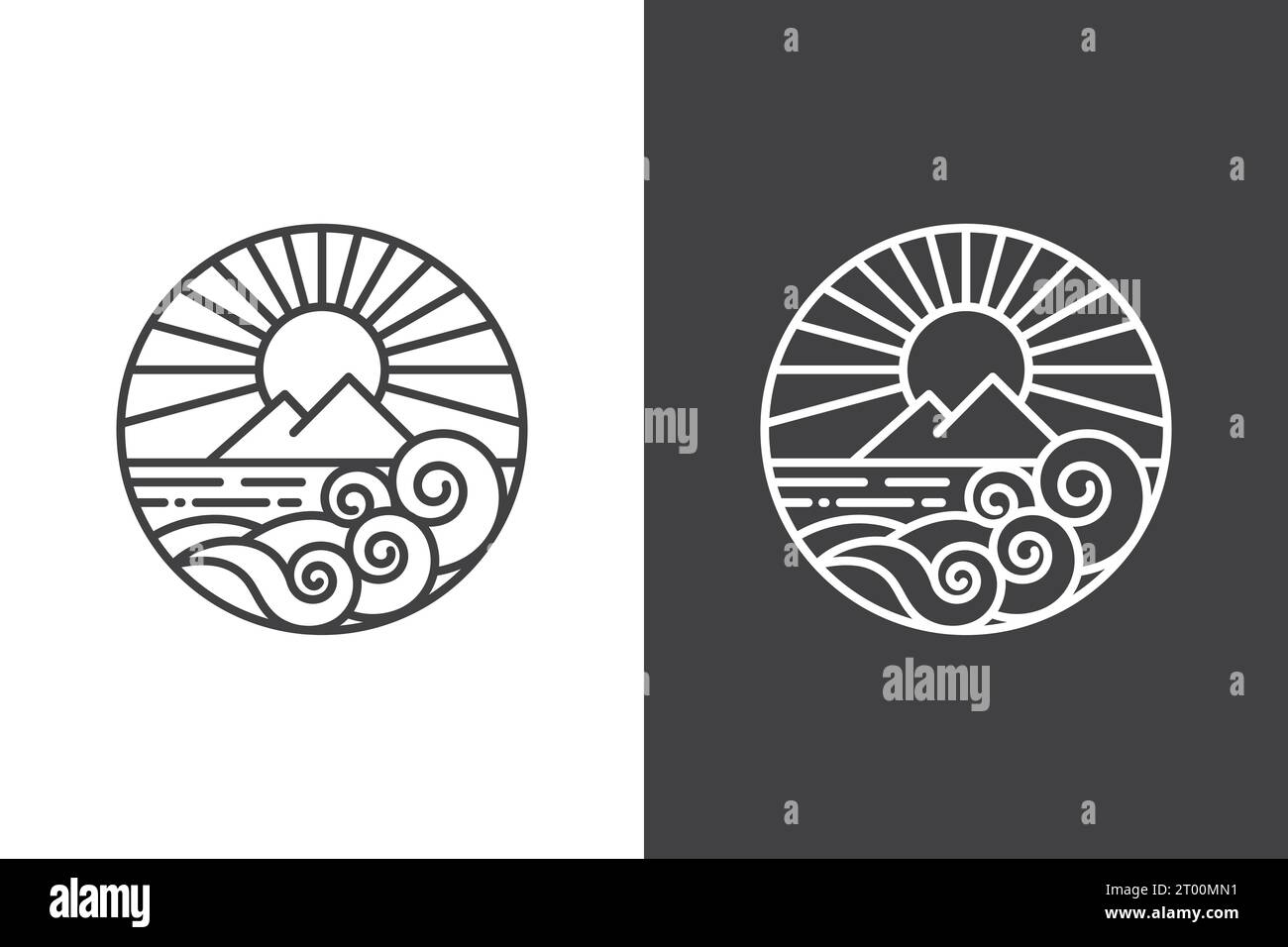 circular ocean waves logo line art with sunlight behind a mountain in ...