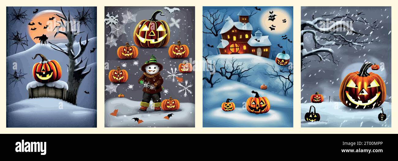 banner set Halloween drawing under the snow, with orange pumpkins in a ...