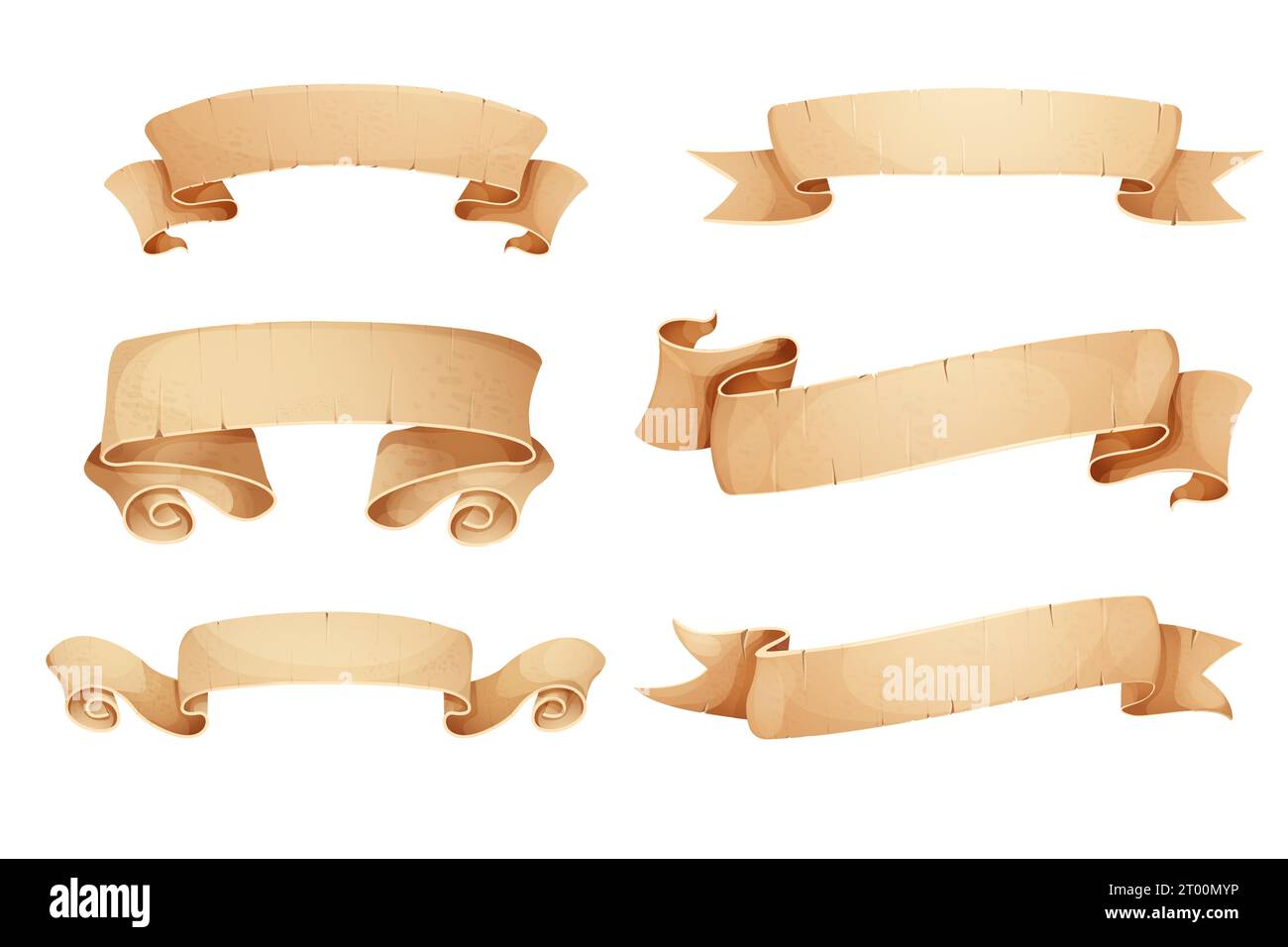 Set Parchment paper scroll ribbon, old vintage banner game ui element in cartoon style isolated ...