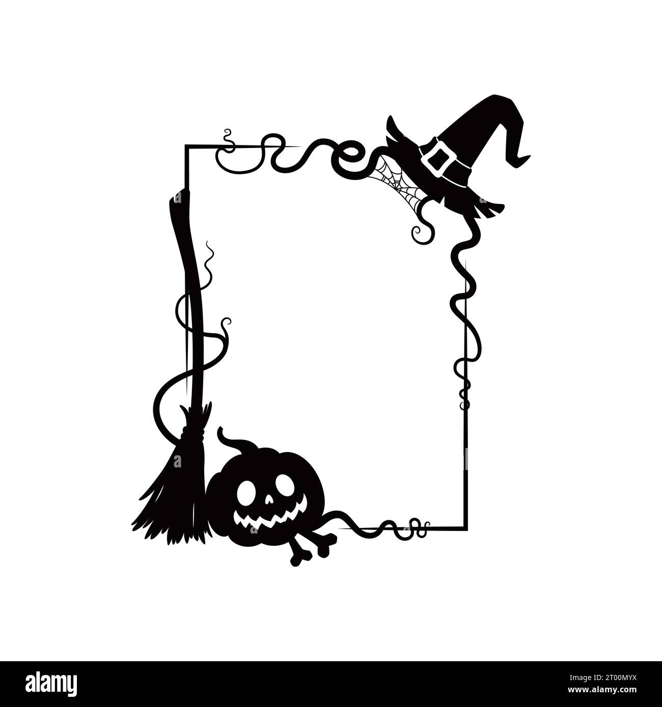 Halloween holiday scary black frame with silhouettes of cobweb, witch ...