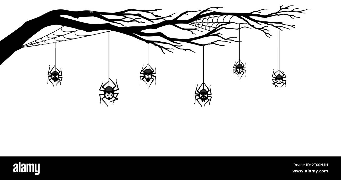 Halloween Spider Border With Tree Branch And Cobweb. Vector Black Funny