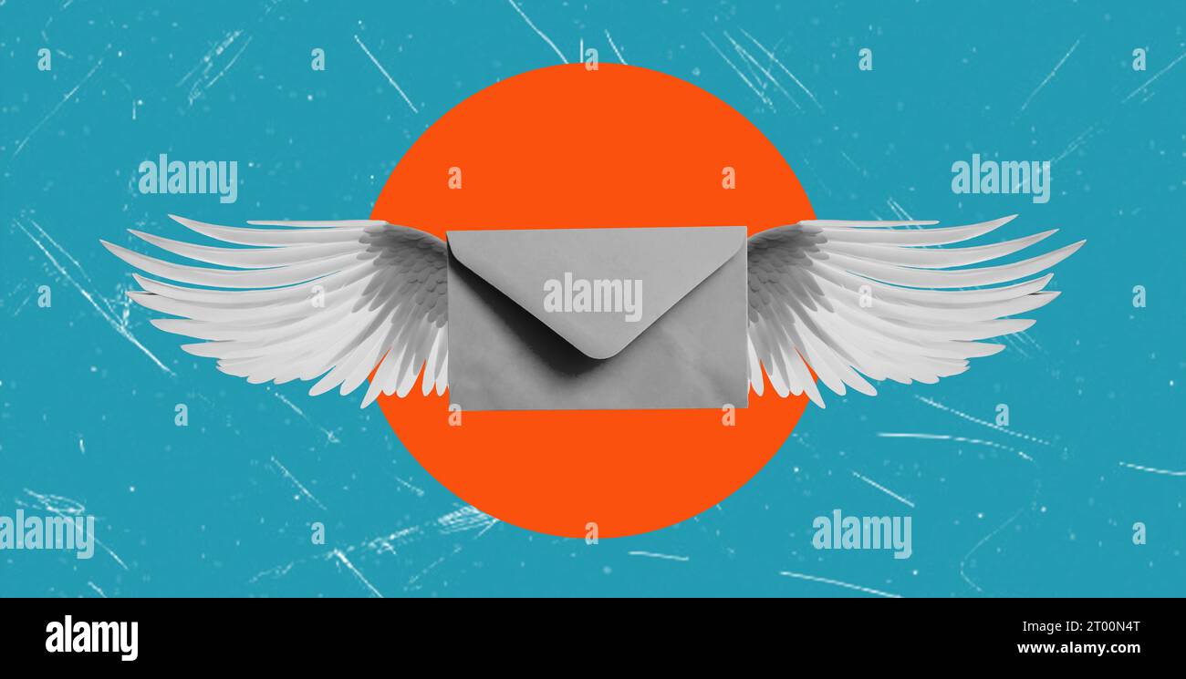 Modern artistic collage, a letter or message with wings on a blue ...