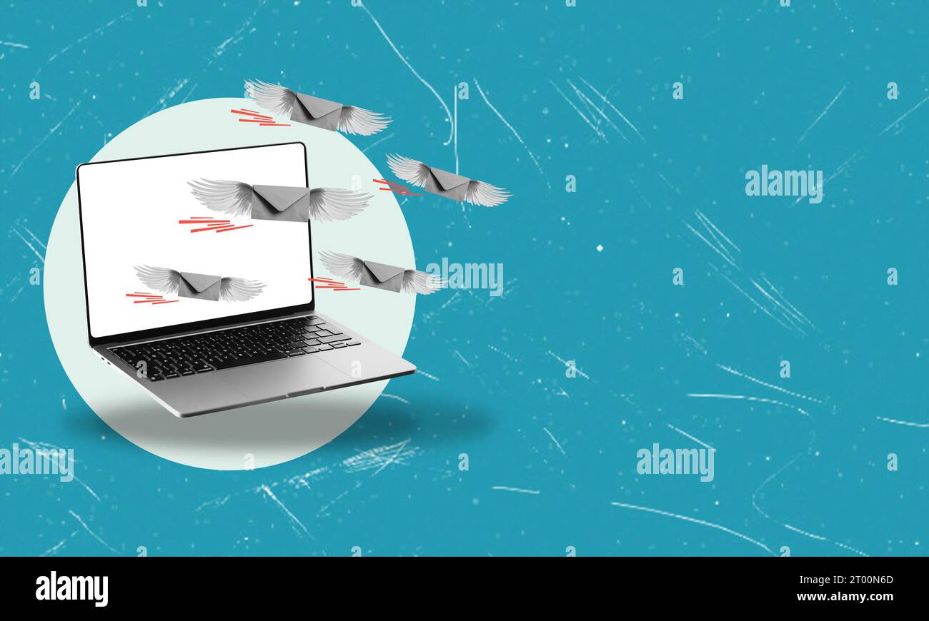 Modern artistic collage. Letters with wings flying out of a laptop on a ...