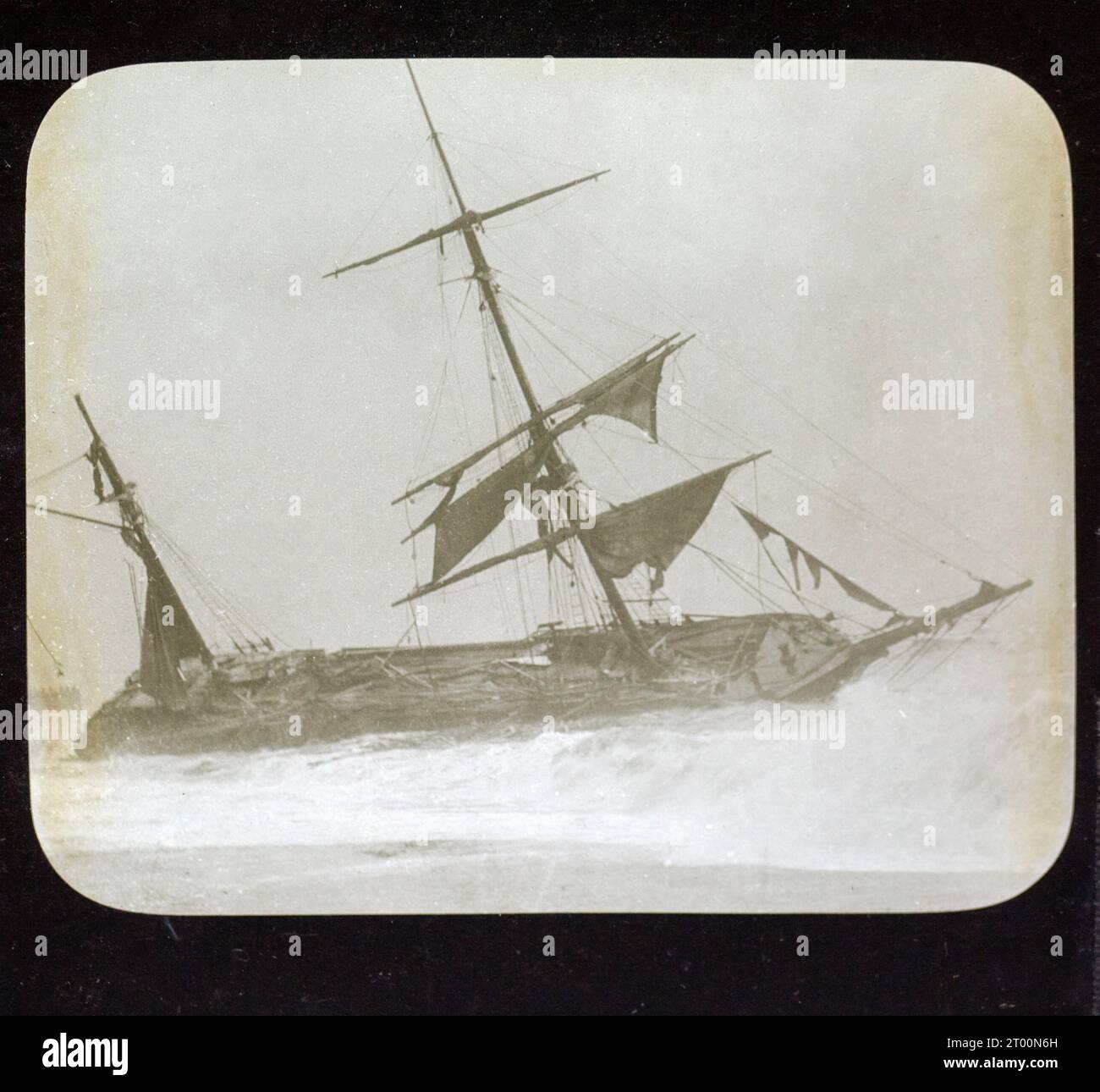 Shipwreck of wooden sailing ship on beach in stormy sea, location ...