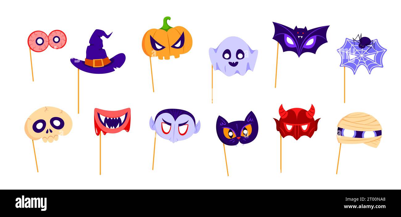 Halloween holiday photo booth masks with props. Isolated cartoon vector ...