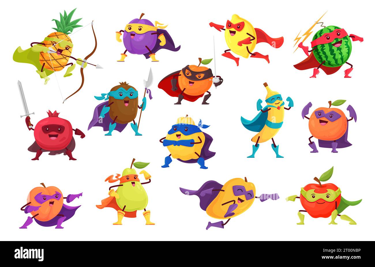 Cartoon fruit superhero and defender characters. Vector farm berry food ...