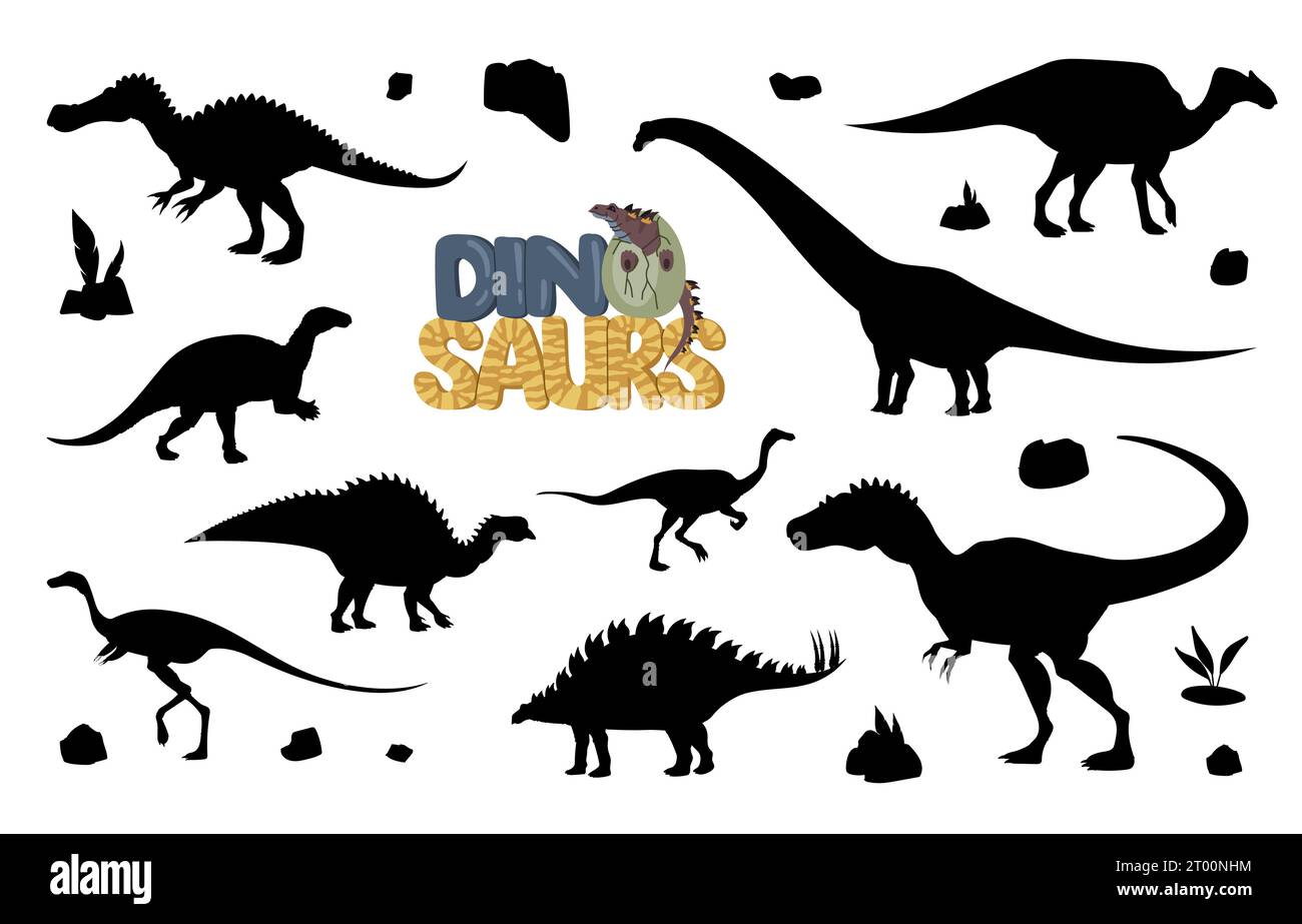 Cartoon dinosaur silhouettes. Vector dino animals and jurassic raptors ...