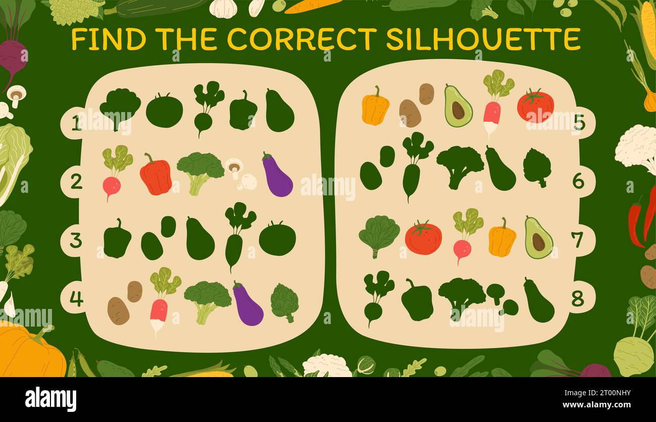 Find the correct shadow of harvest raw vegetables. Shadow match quiz ...