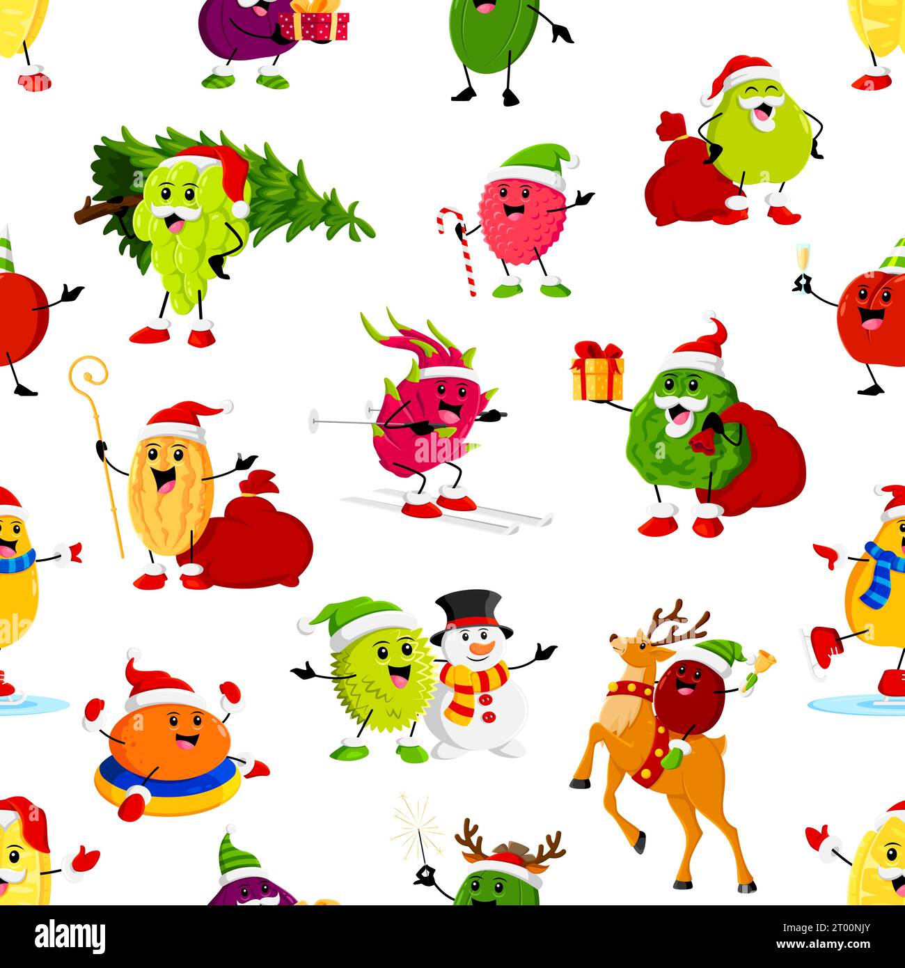 Cartoon christmas ripe raw fruit characters seamless pattern. Vector ...