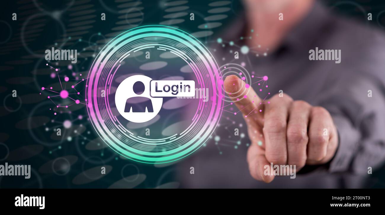 Man touching a login concept on a touch screen with his finger Stock ...