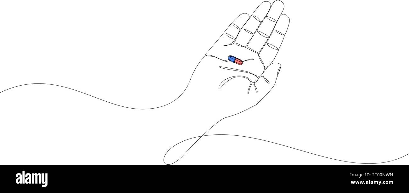 Continuous single line drawing of hand holding pill or capsule ...