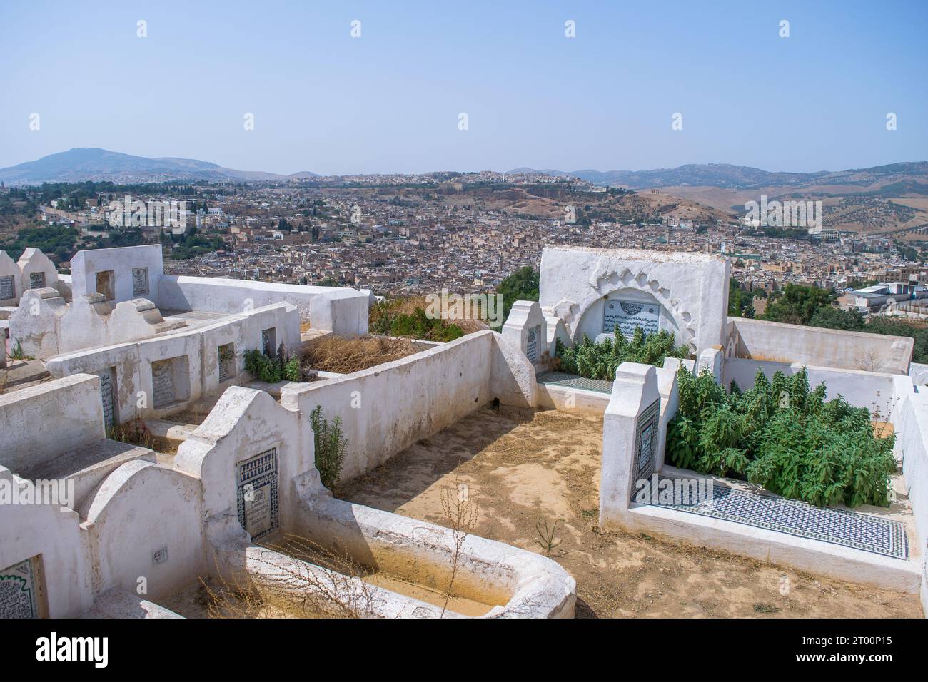 An old Muslim cemetery, overlooking the city of Fez in Morocco, North ...