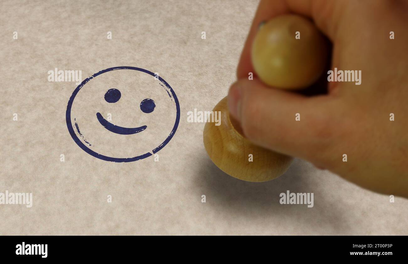 Smiley emoticon stamp and stamping hand. Smile emoji concept Stock ...
