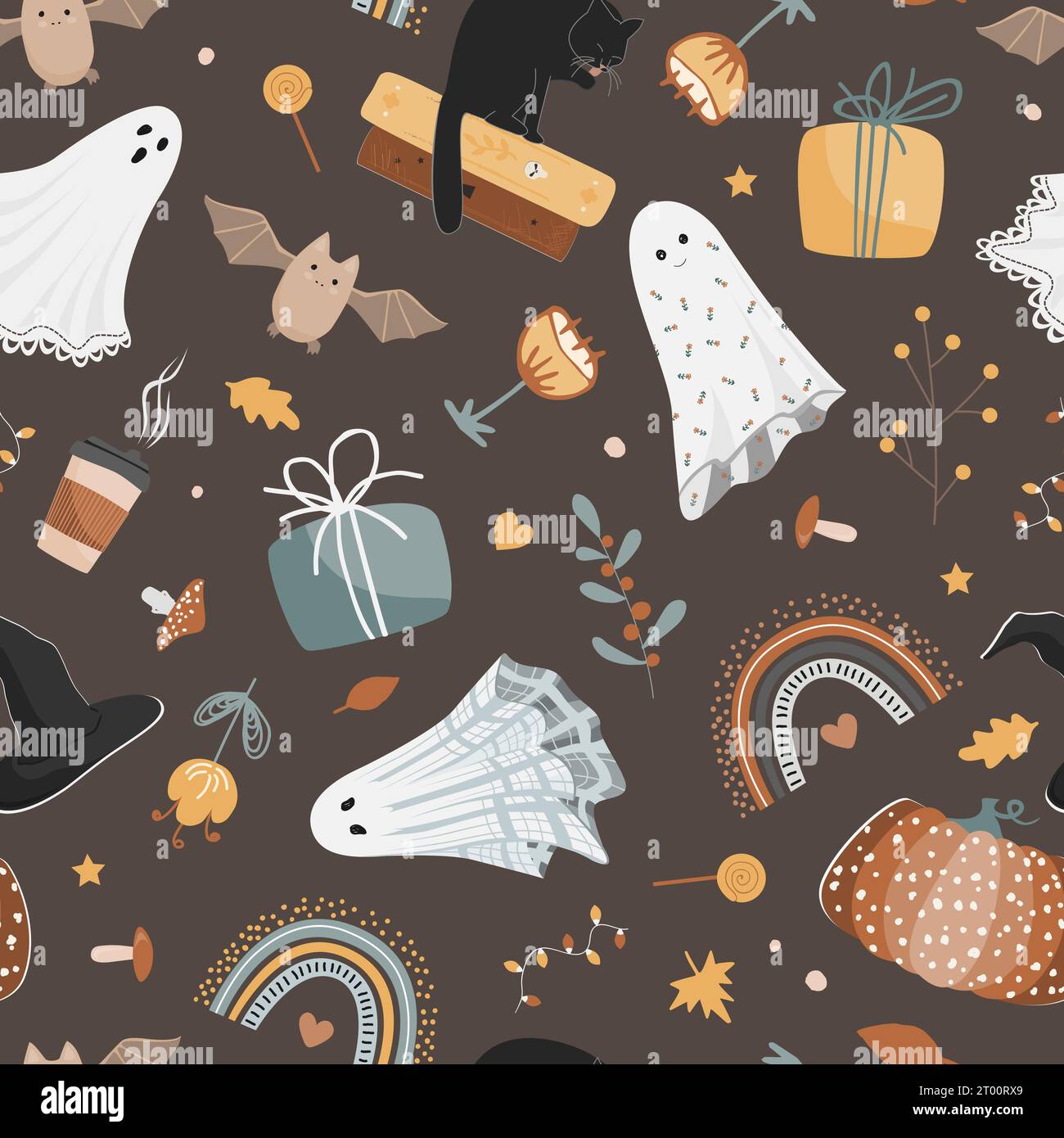 Cozy Autumn Halloween seamless pattern with pumpkins, black cat, ghosts ...