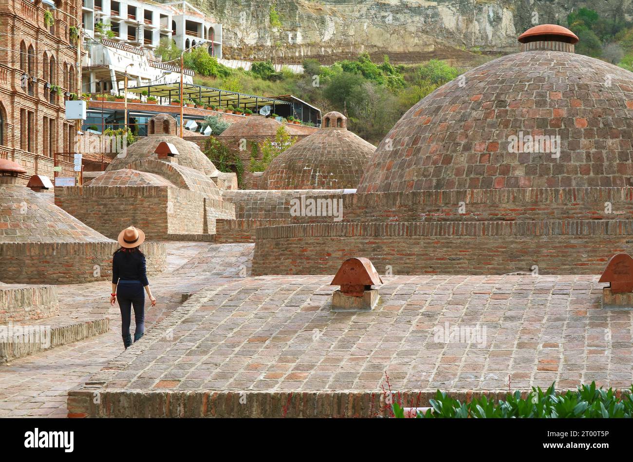 Female Visitor Walking Along the Famous Medieval Sulfur Baths in the ...