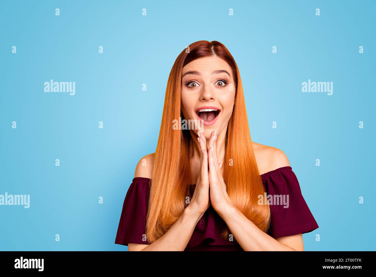 Portrait of red straight-haired attractive cute nice happy young girl ...