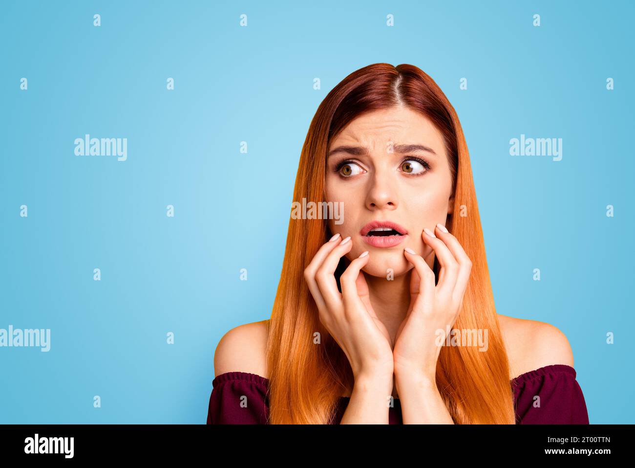 Oh no Human emotions concept. Close up portrait of confused beautiful woman with open mouth big ...