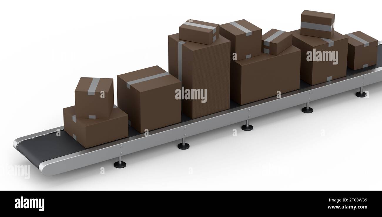 Airport luggage conveyor belt or manufacture line with cardboard boxes ...