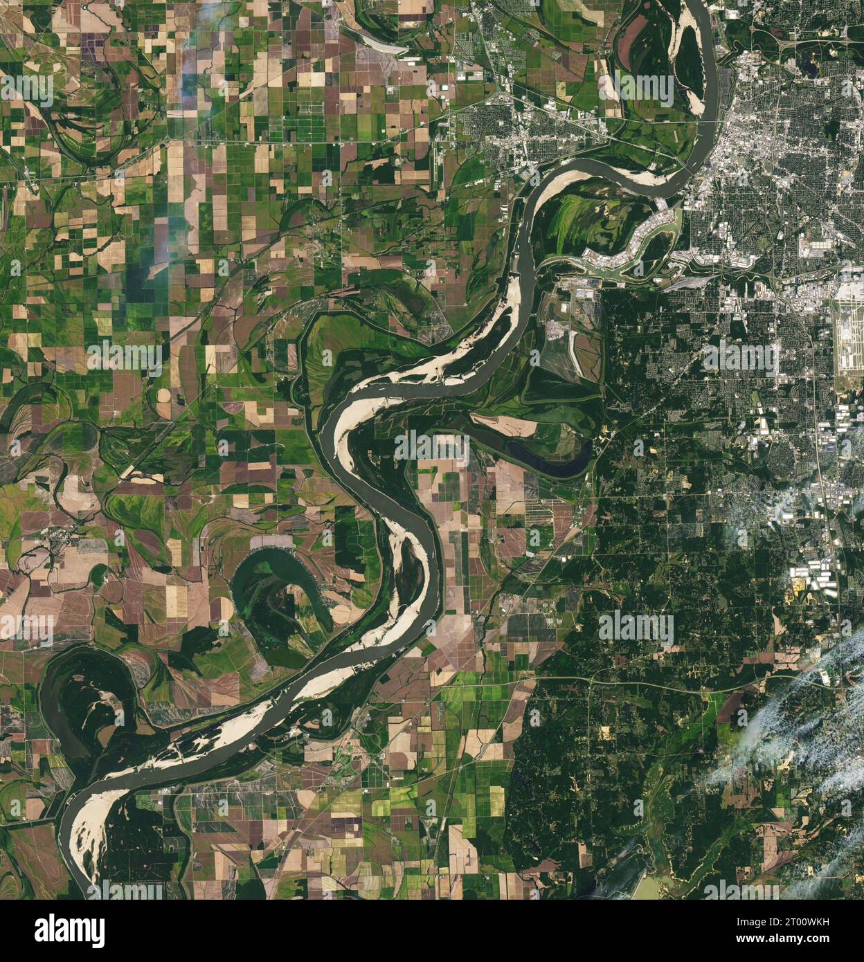 Aerial of low water level in the Mississippi River near Memphis on ...