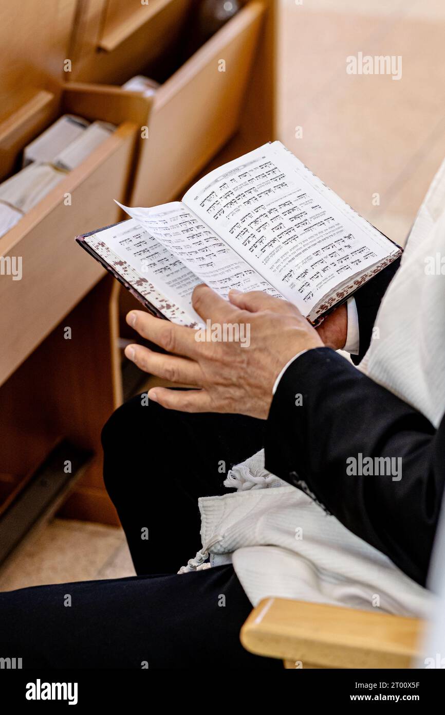 jewish man praying in the synagogue tample of israel practicing the ...