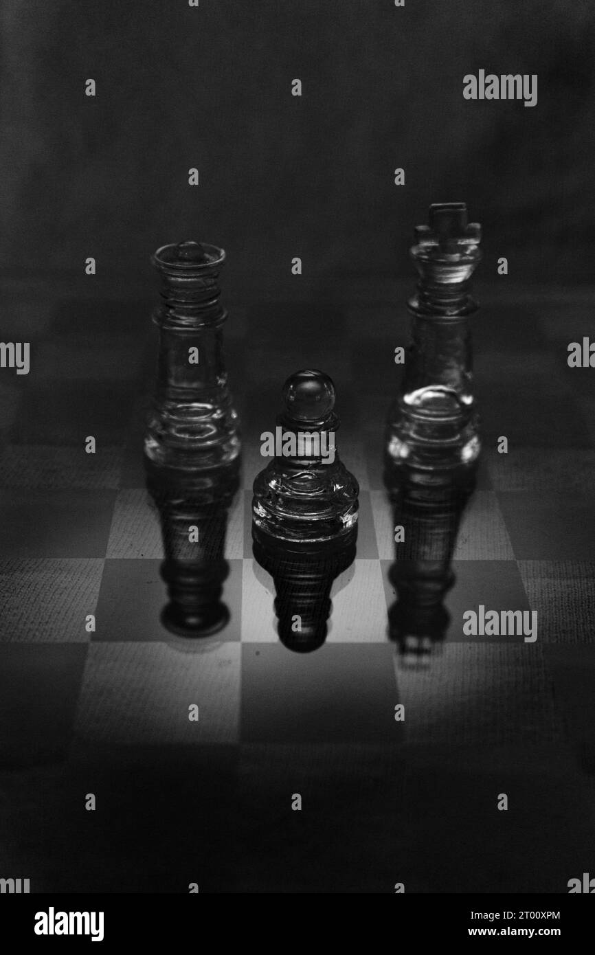 chess pieces on a glass chessboard with their'own reflection in black ...