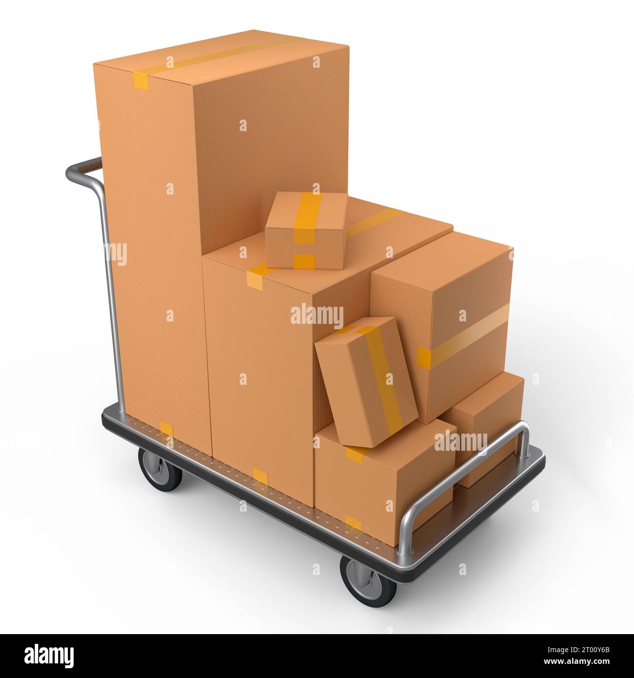 Airport luggage cart or baggage trolley side with stack of cardboard ...