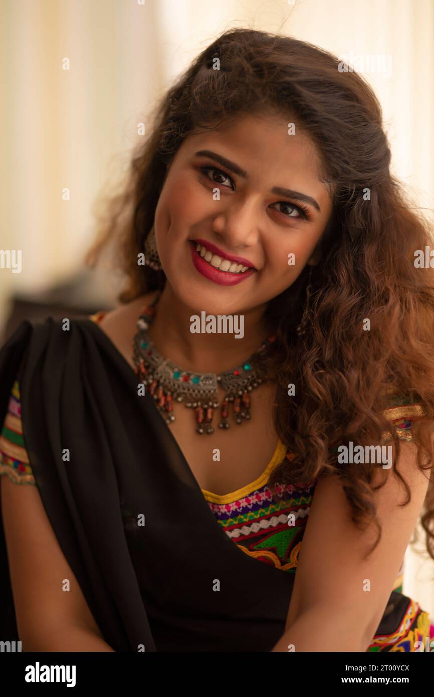 Portrait of a gujarati woman dressed in a traditional Gujrati Attire ...