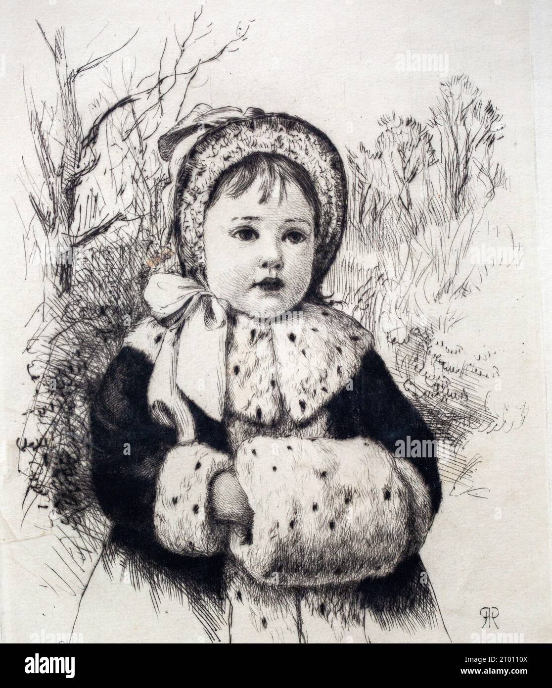 Victorian etching portrait of young girl in winter clothing with ...