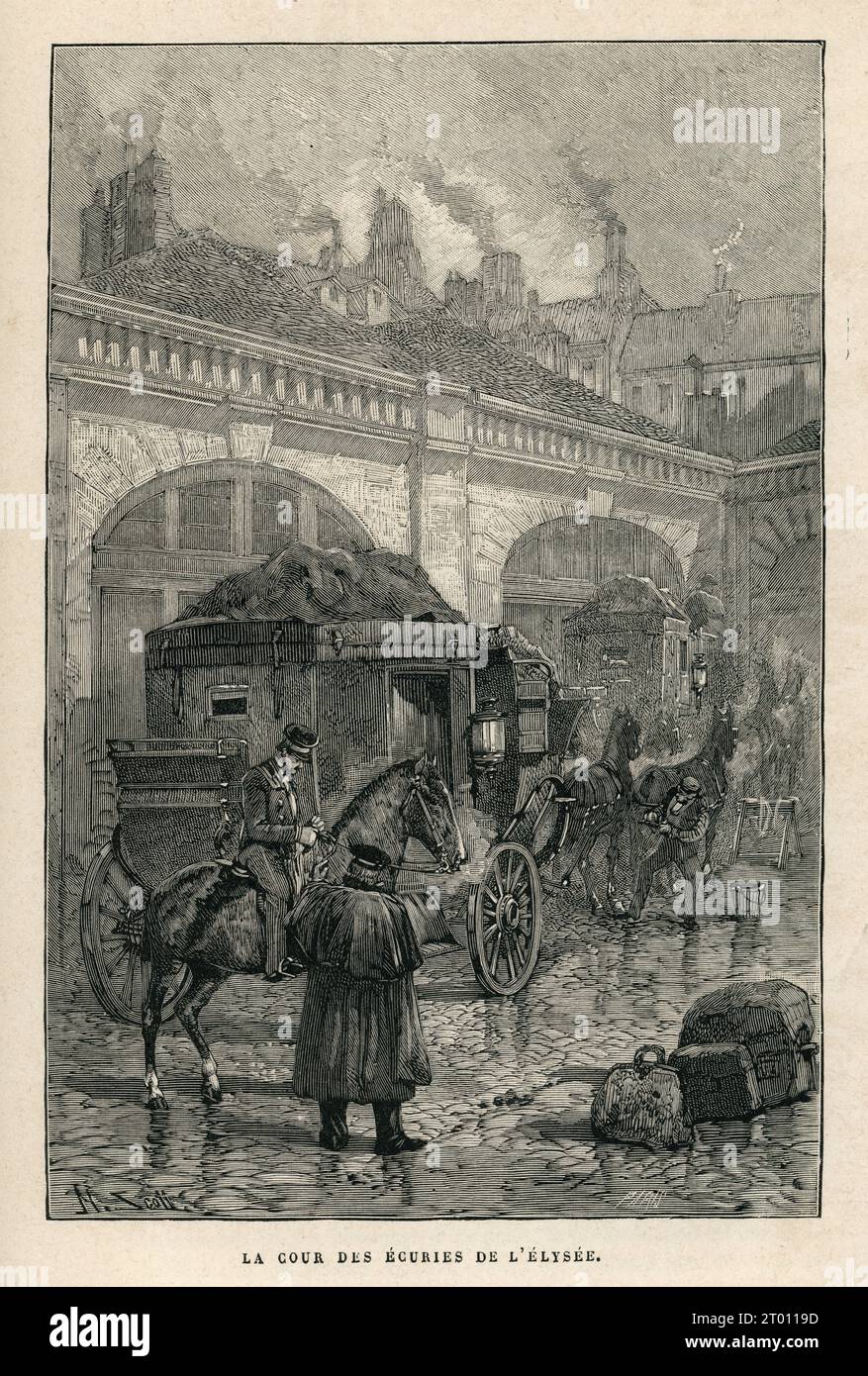 Book III, chapter I. The courtyard of the Elysée stables. Illustrator ...