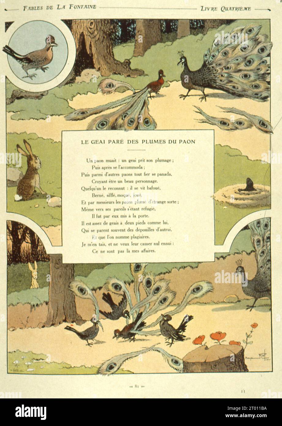 Benjamin Rabier Illustration of La Fontaine's Fables: The Jay adorned with peacock feathers 1906 ...