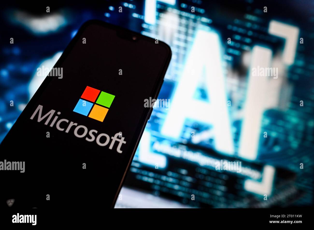 In this photo illustration, a Microsoft logo is displayed on a ...