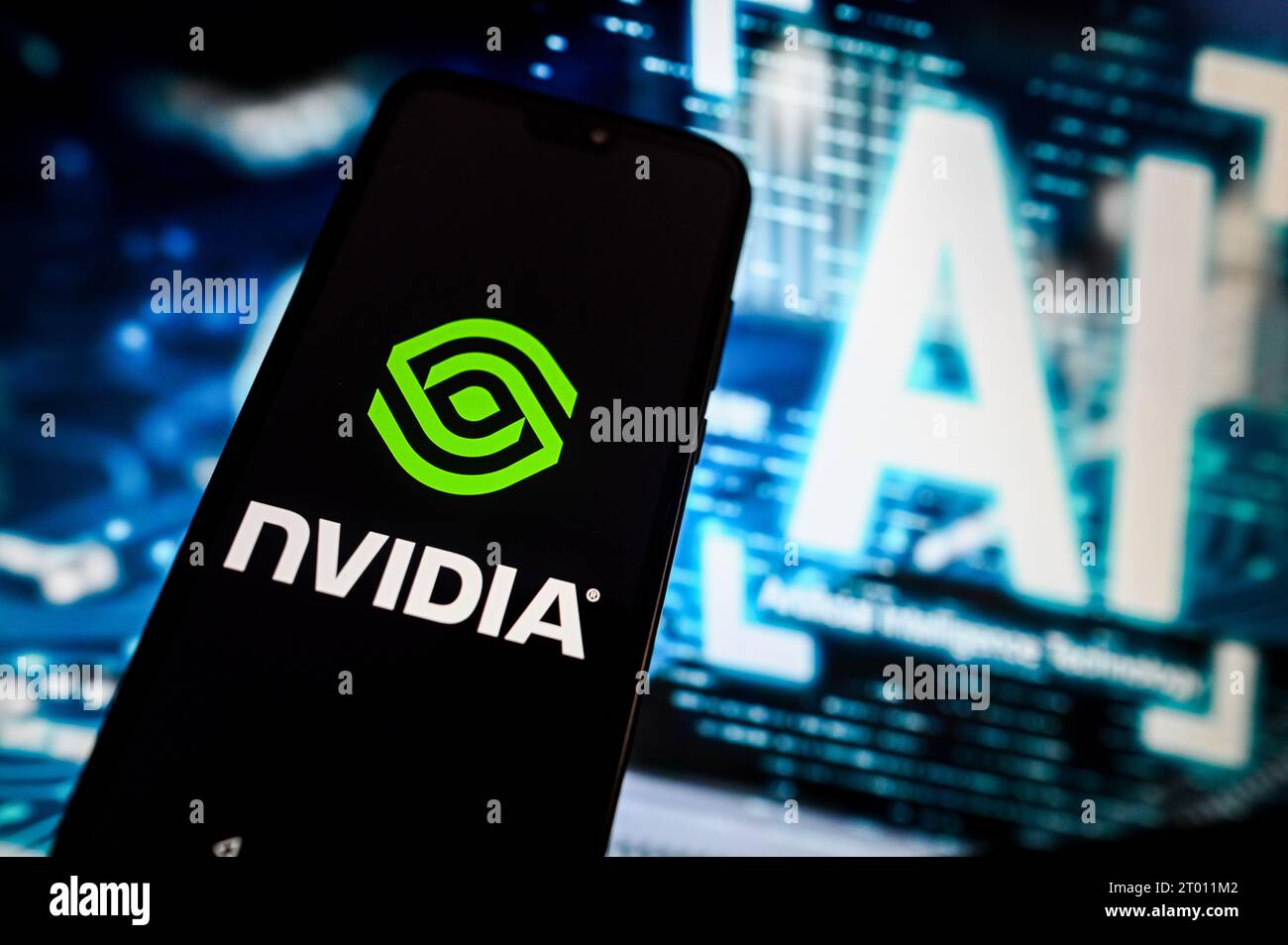 In this photo illustration, the NVidia logo is displayed on a ...