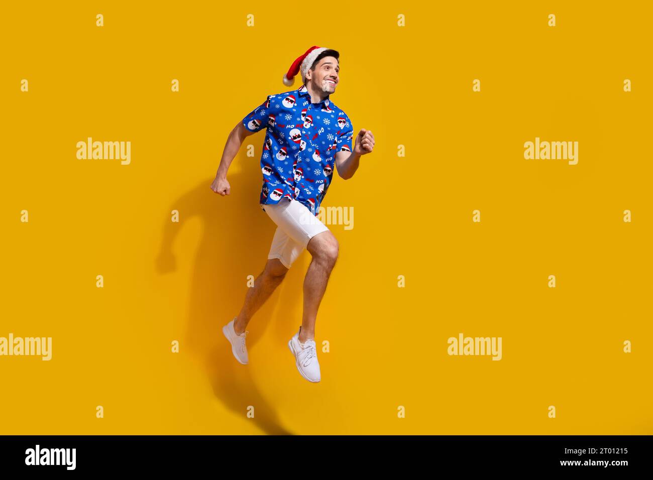 Full length profile portrait of active cheerful person jump rush empty ...