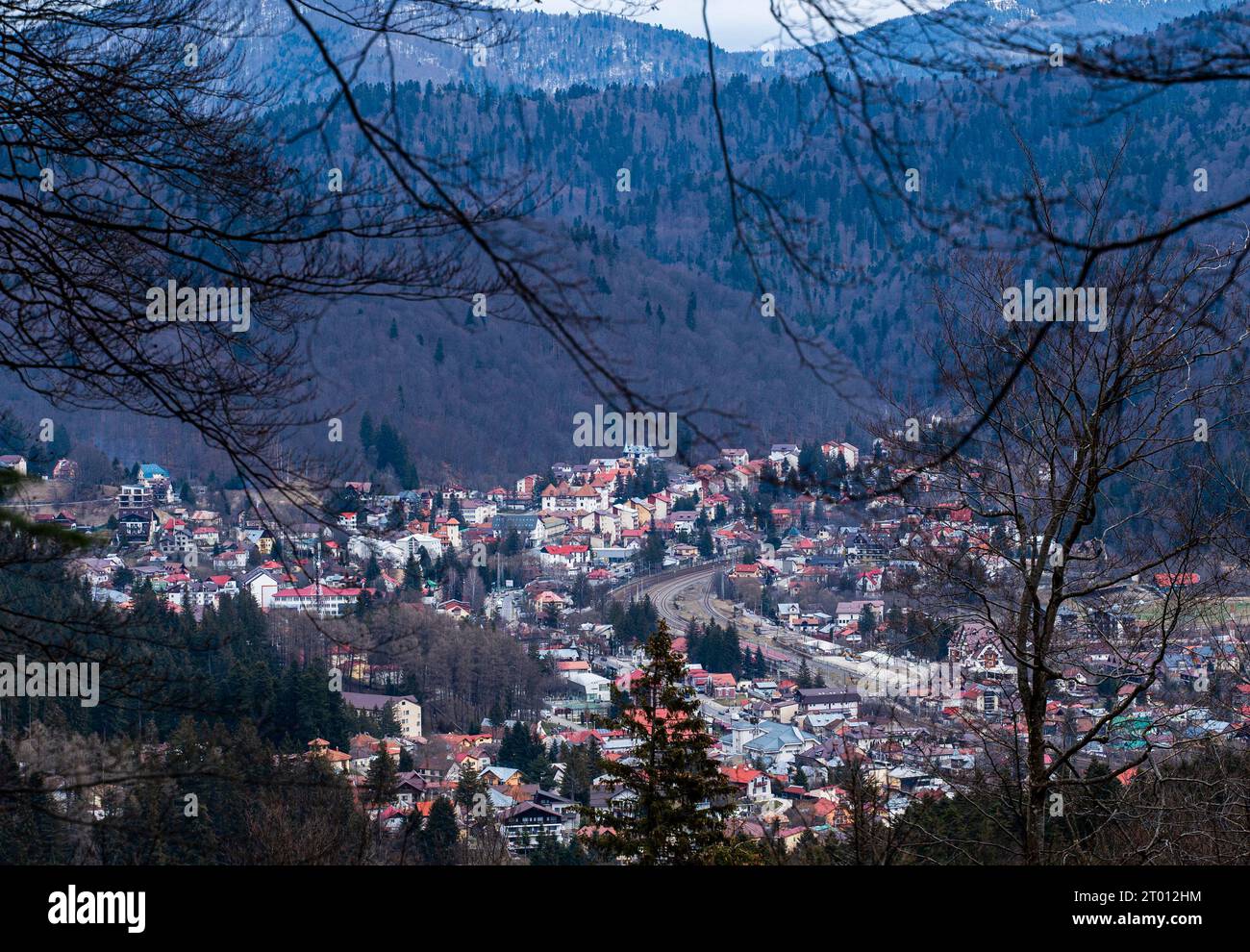 An aerial view of a town in mountains on a cold weather Stock Photo - Alamy
