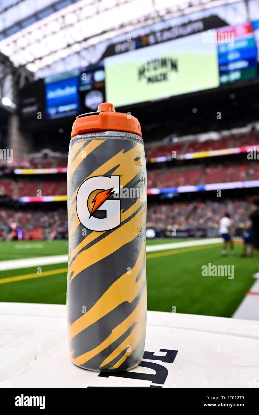 A detailed view of a gatorade bottle on the sideline of an NFL football ...