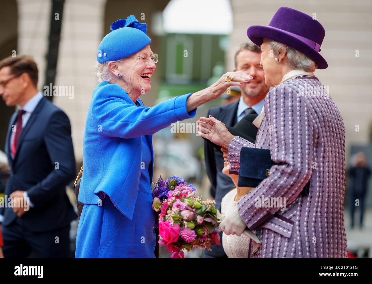 Queen Margrethe of Denmark arrives and greets her sister princess ...