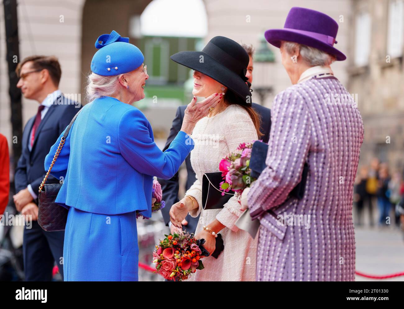Queen Margrethe of Denmark arrives and greets her daughter in-law Crown ...