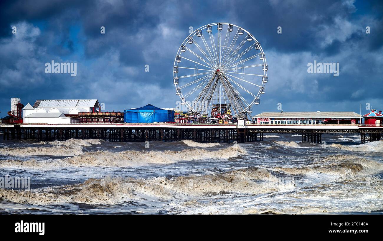 ferris wheel on central Pier,Blackpool,at high tide during stormy ...