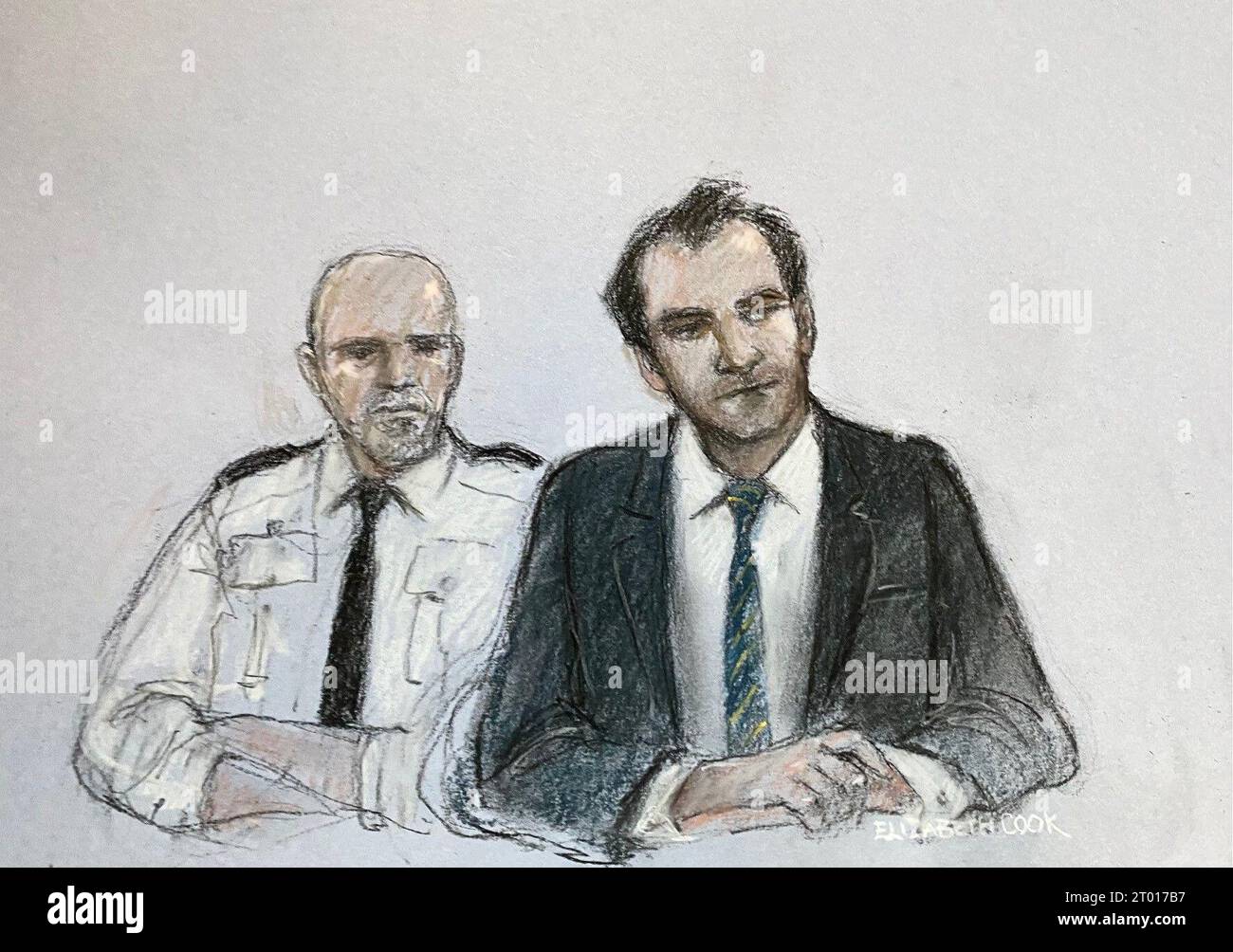 Court artist drawing by Elizabeth Cook of Reed Wischhusen (right ...