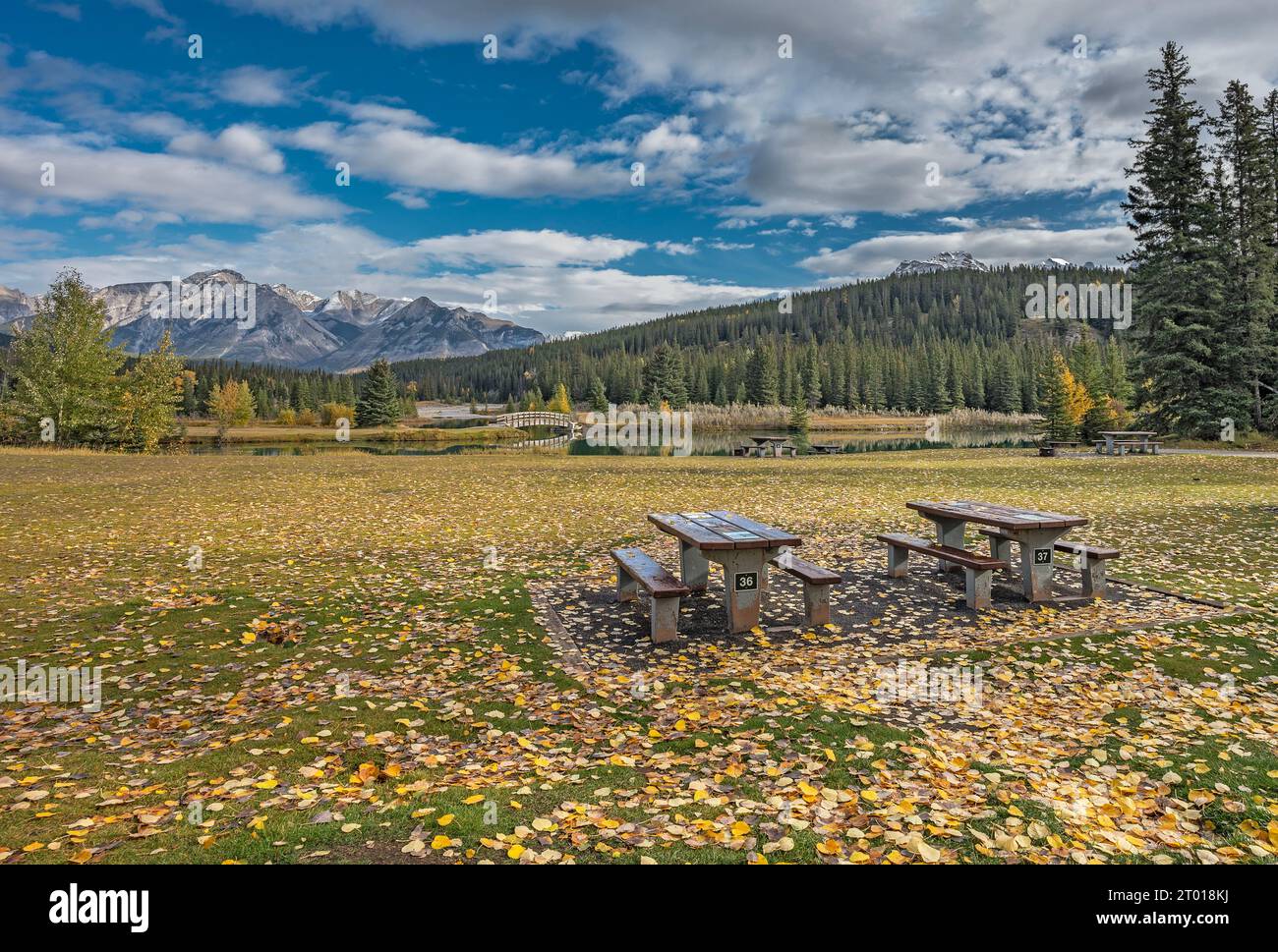 Autumn view of a picnic tables on the shore of Cascade Pond in Banff ...