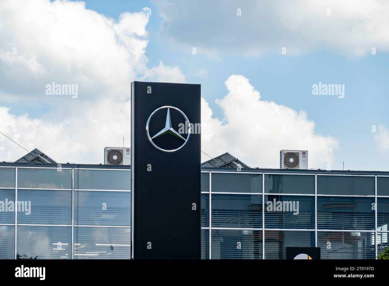 OSTRAVA, CZECH REPUBLIC - AUGUST 10, 2023: Banner of Mercedes-Benz car ...