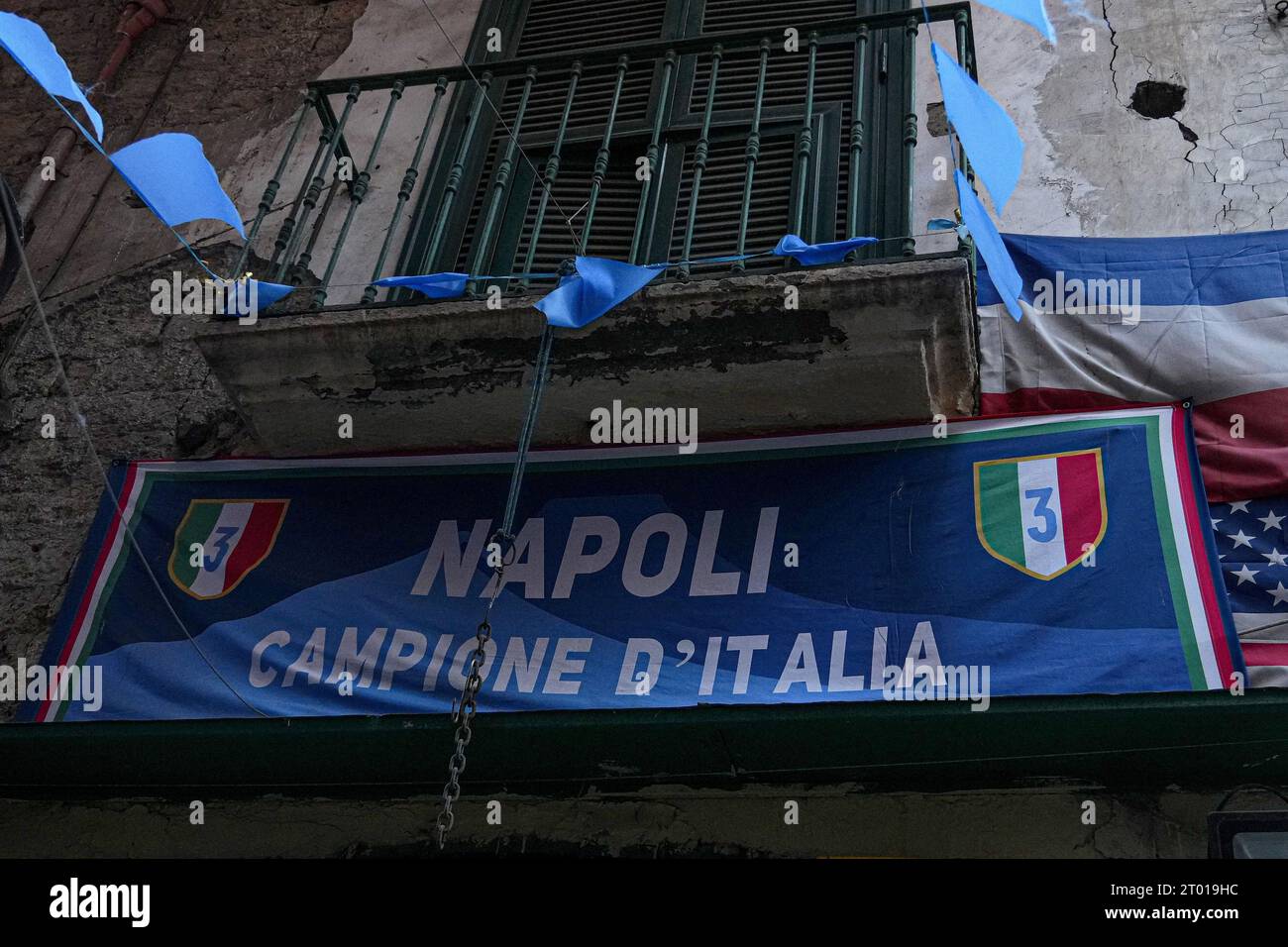 Napoli, Italy. 03rd Oct, 2023. SSC Napoli flag during the UEFA ...