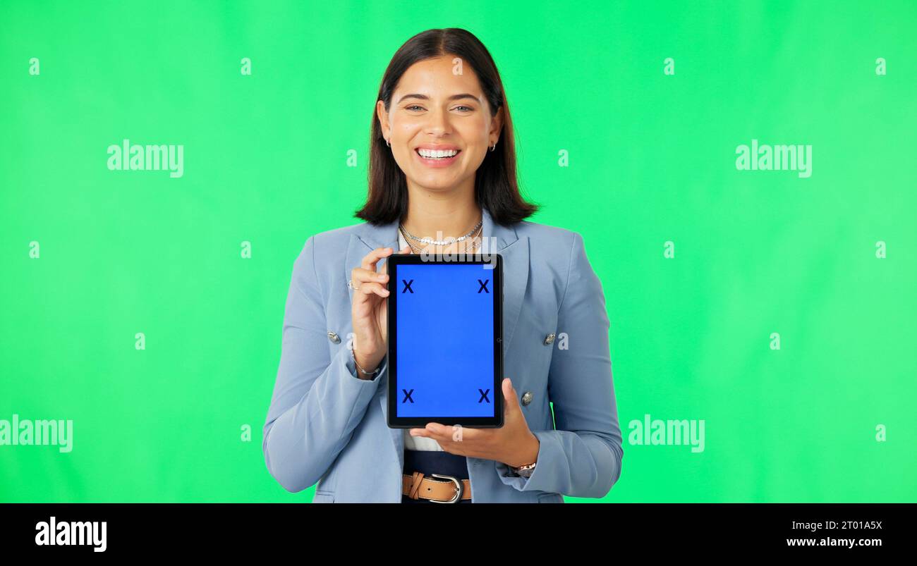 Green screen portrait, business tablet and happy woman presentation of ...