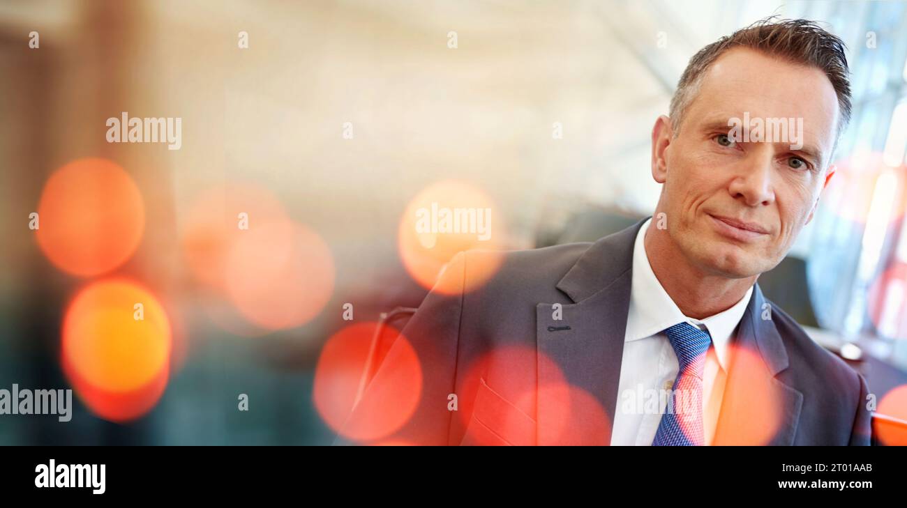 Bokeh, mockup and man in office with confidence, lights and startup ...