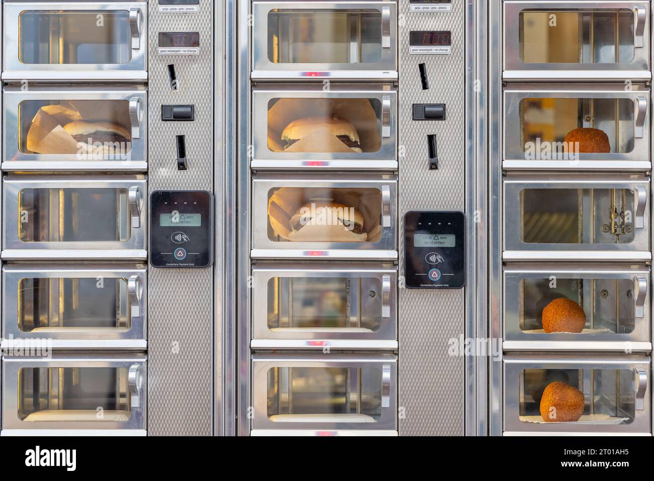 Self service ordering window with burger sandwiches of a Dutch snackbar ...