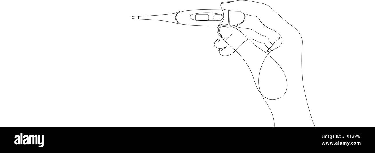 Hand holding digital thermometer continuous one line drawing. Health ...